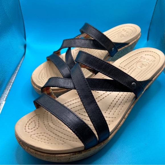 CROCS | Shoes | Crocs Brand Aleigh Womens 9 Black Strappy Cork Wedge ...